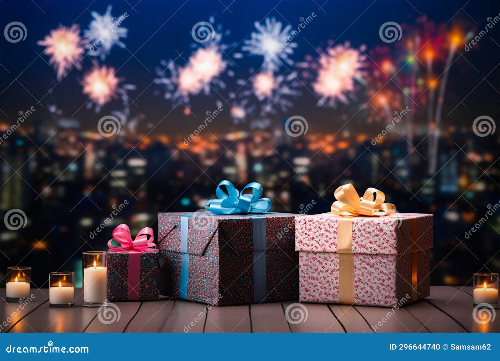 Multicolor Gift Boxes on the Ground, Glitter Festival Firework on ...