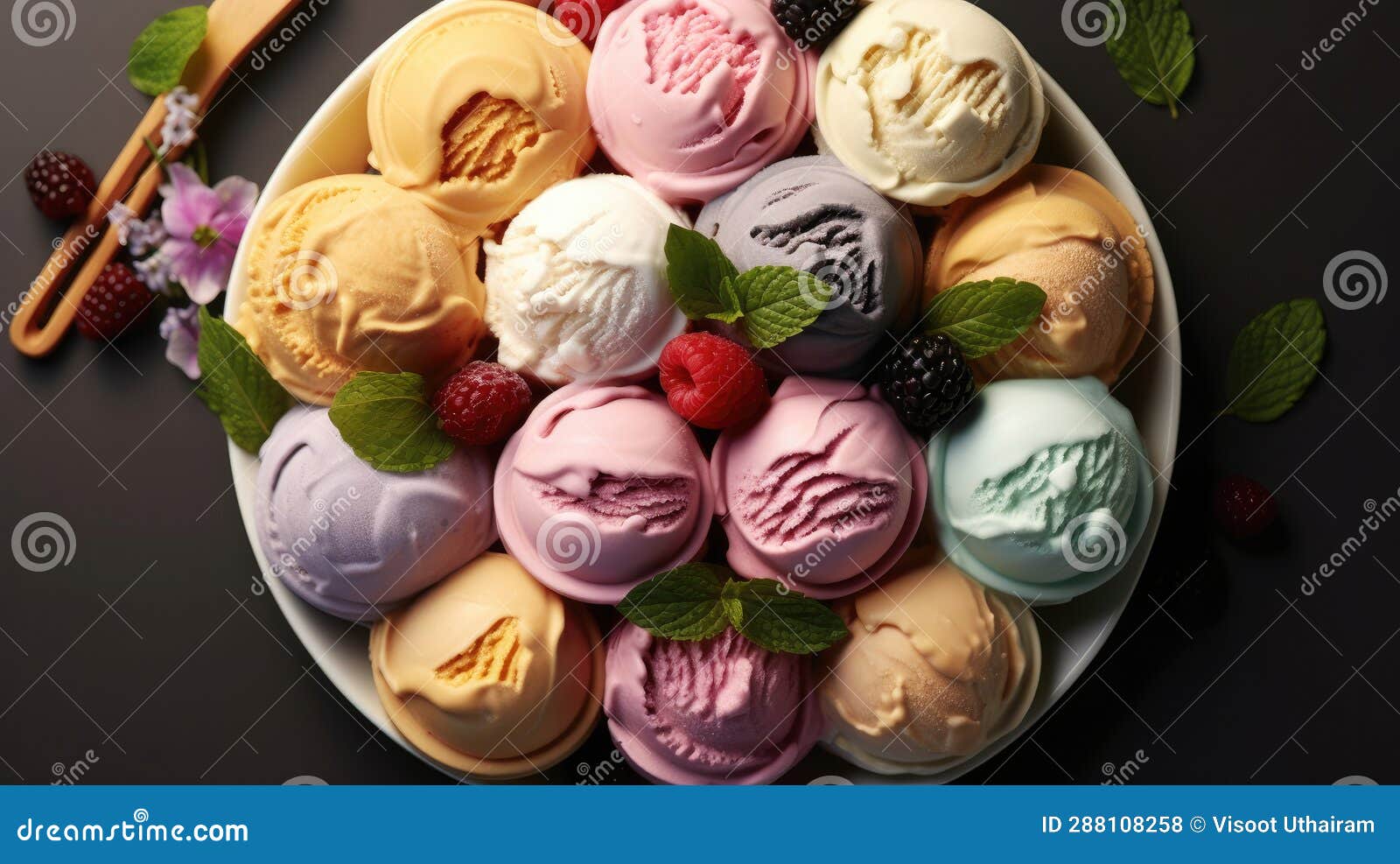 Multicolor Ice Cream Balls on the Plate, Top View Stock Illustration ...