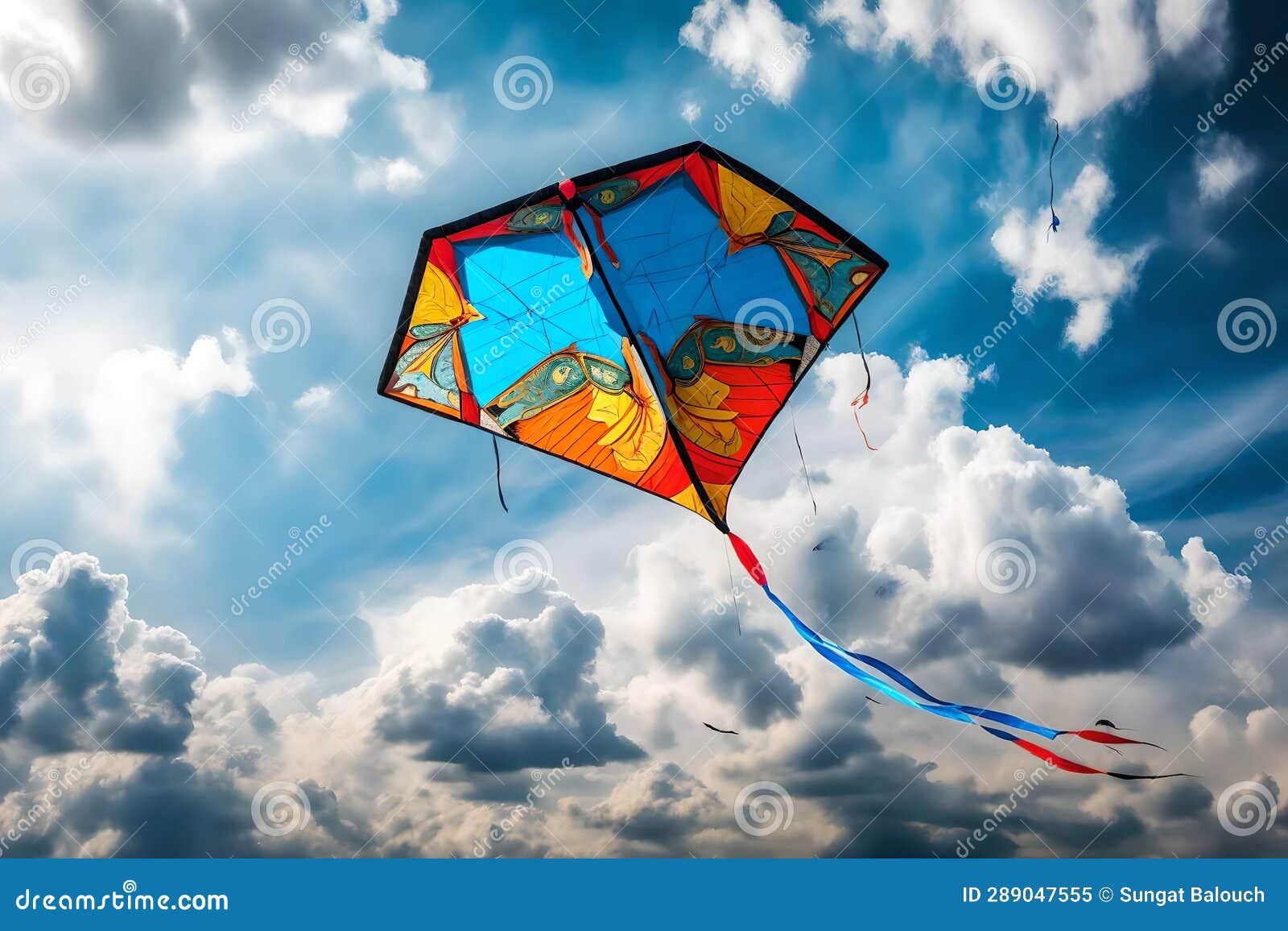 Multicolor Kite in the Blue Sky with Clouds Stock Illustration ...