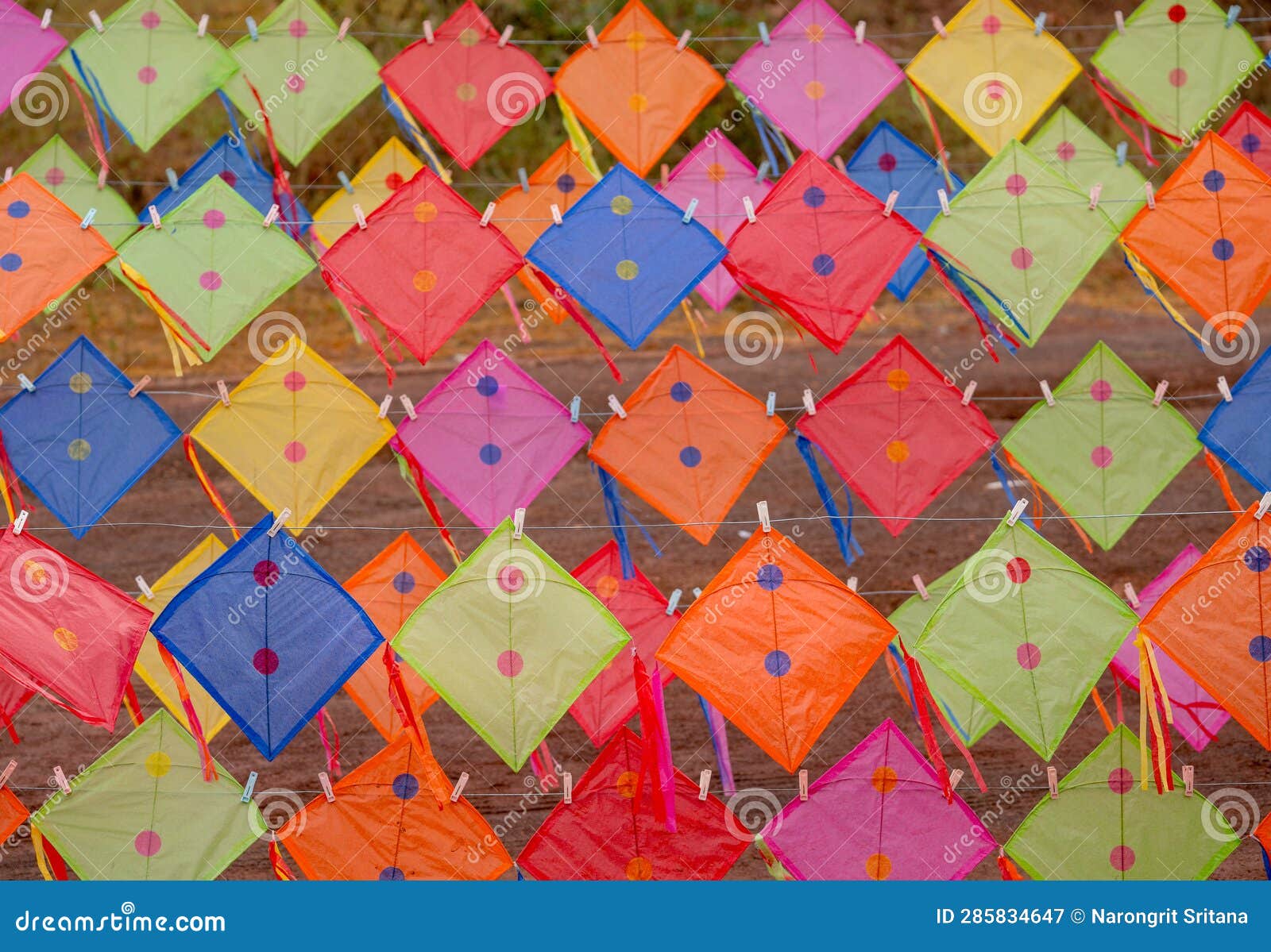 Multicolor Kites are Set or Hang on Rope and Pole To Many Rows and ...
