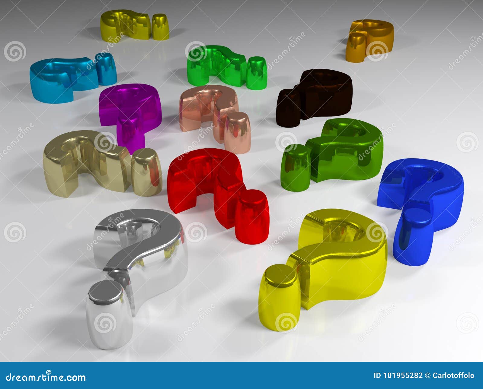 Multicolor Metallic Question Marks on White Surface - 3D Rendering ...