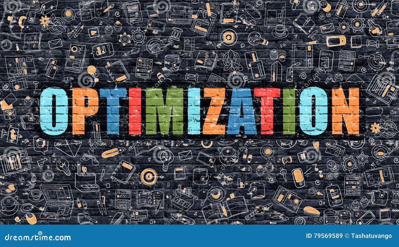 Multicolor Optimization on Dark Brickwall. Doodle Style. Stock ...