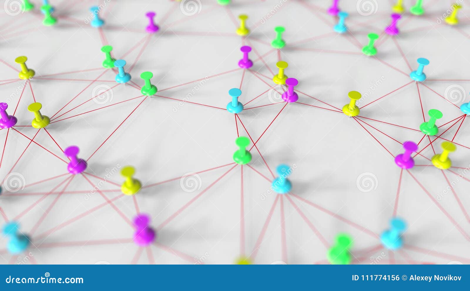 Colorful Pushpins and Thread Network Model on a Pinboard, Conceptual 3D ...