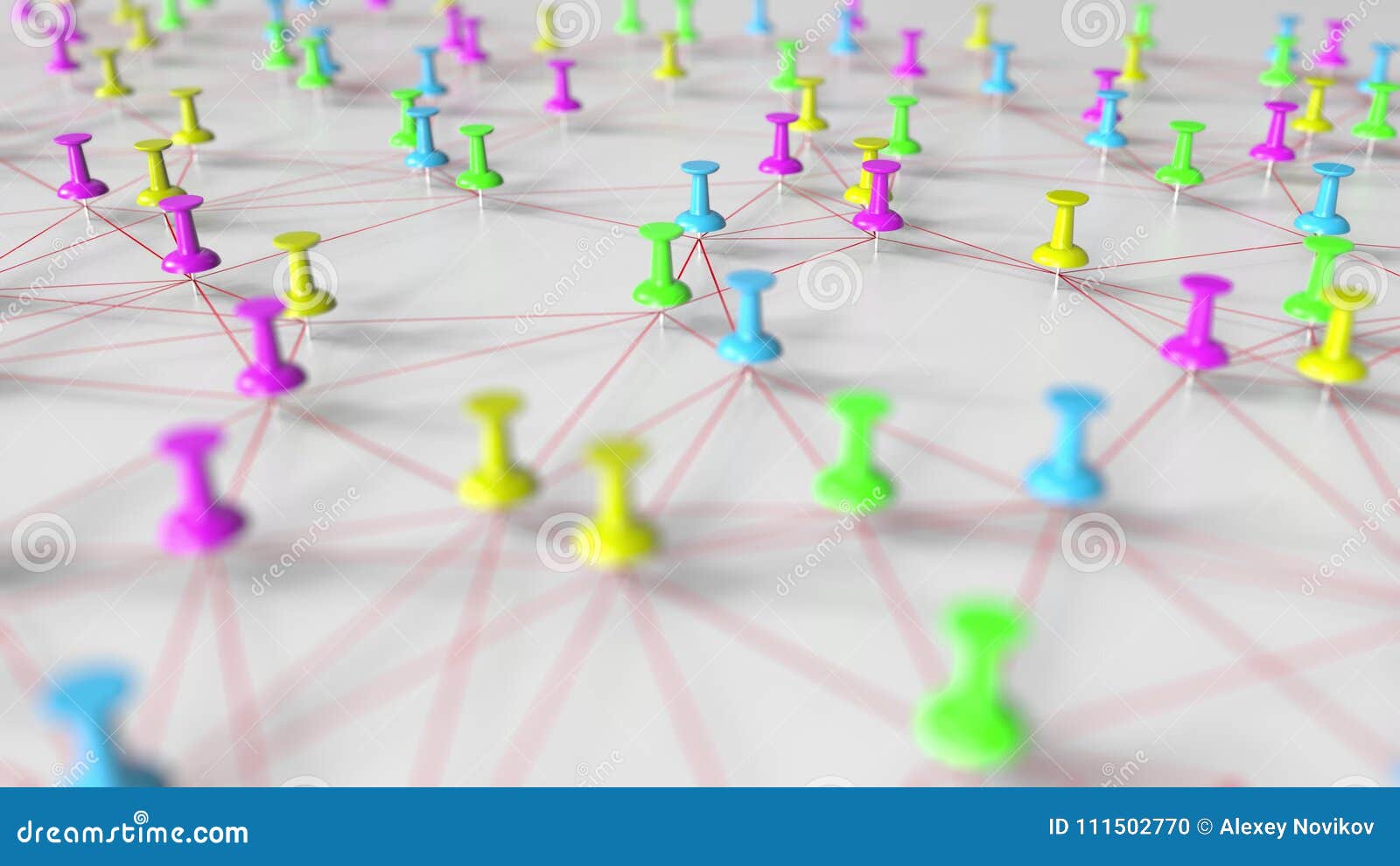 Multicolor Pins and Thread Network Model on a Pinboard, Close-up 3D ...