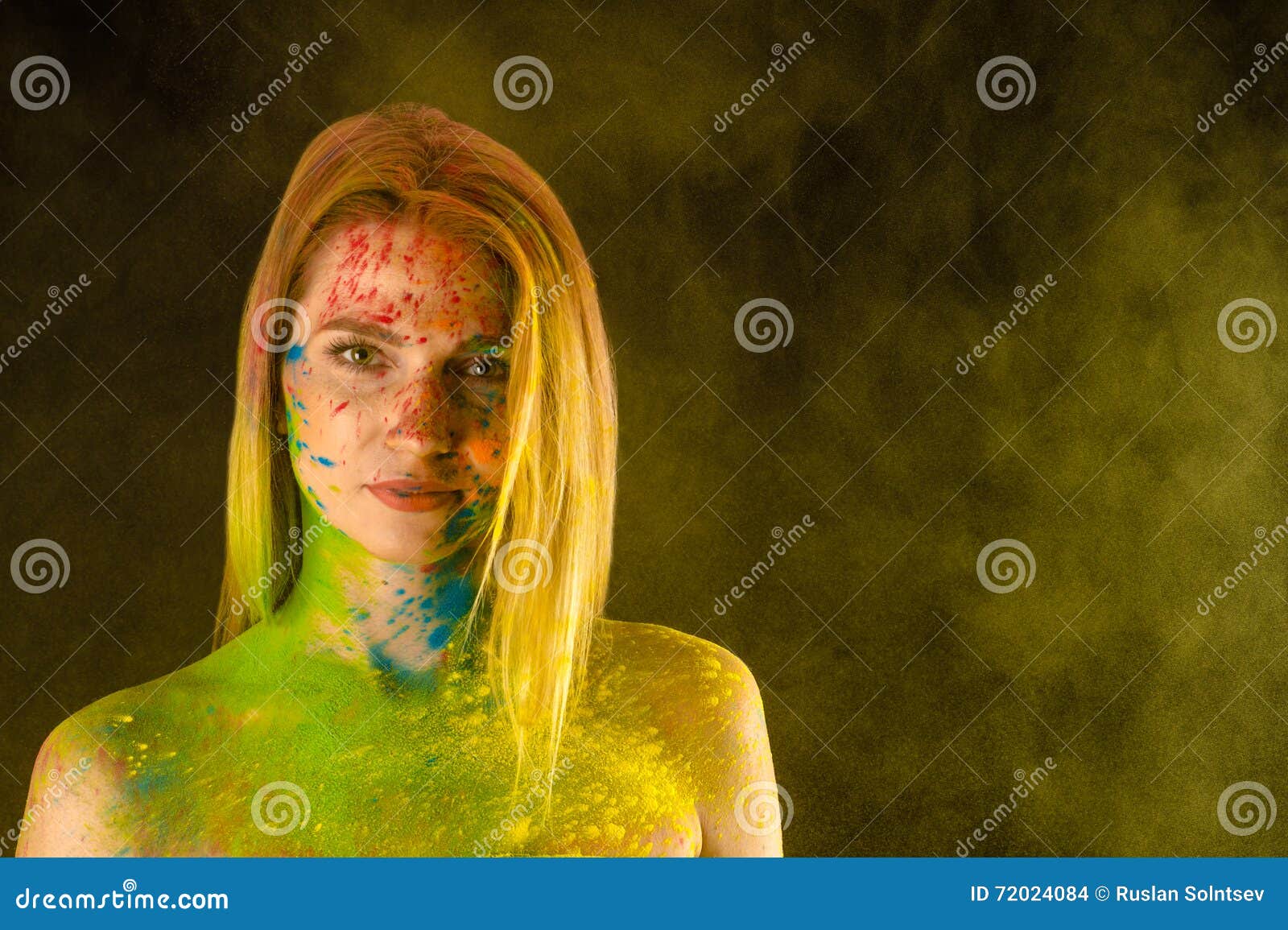 Multicolor Portrait Blond Woman in Colors Holi Stock Photo - Image of ...