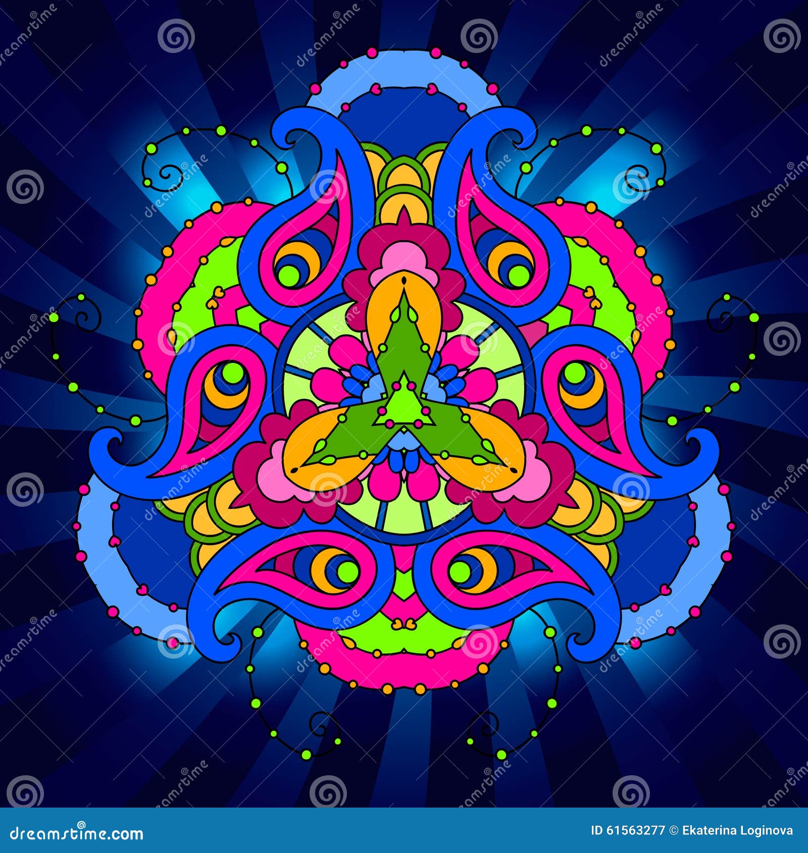Multicolor Psychedelic Mandala in Blue Background with Rays. Stock ...