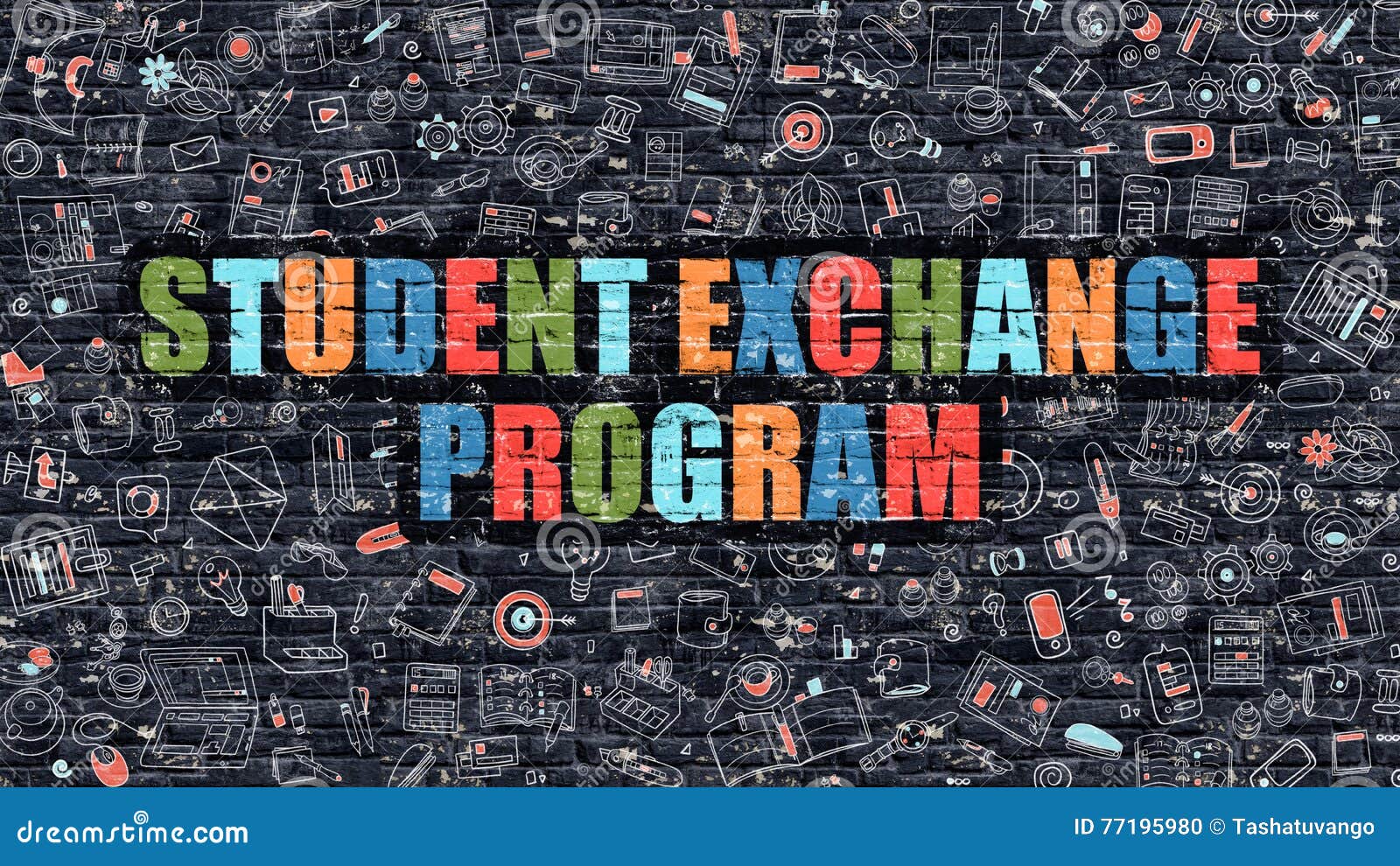 Multicolor Student Exchange Program on Dark Brickwall. Stock ...