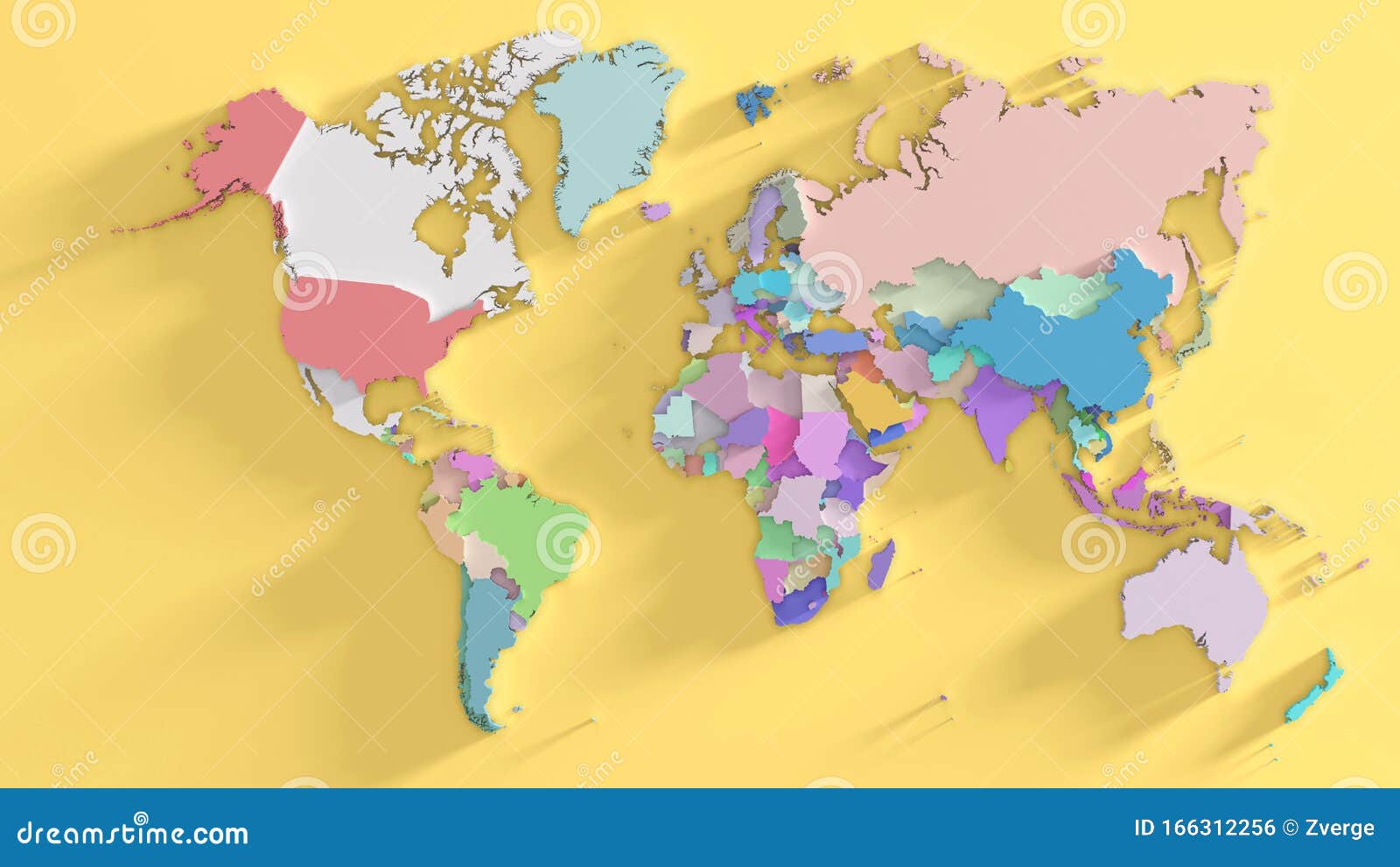 Multicolor World Map. 3d Rendering. Yellow Oceans. Stock Illustration ...
