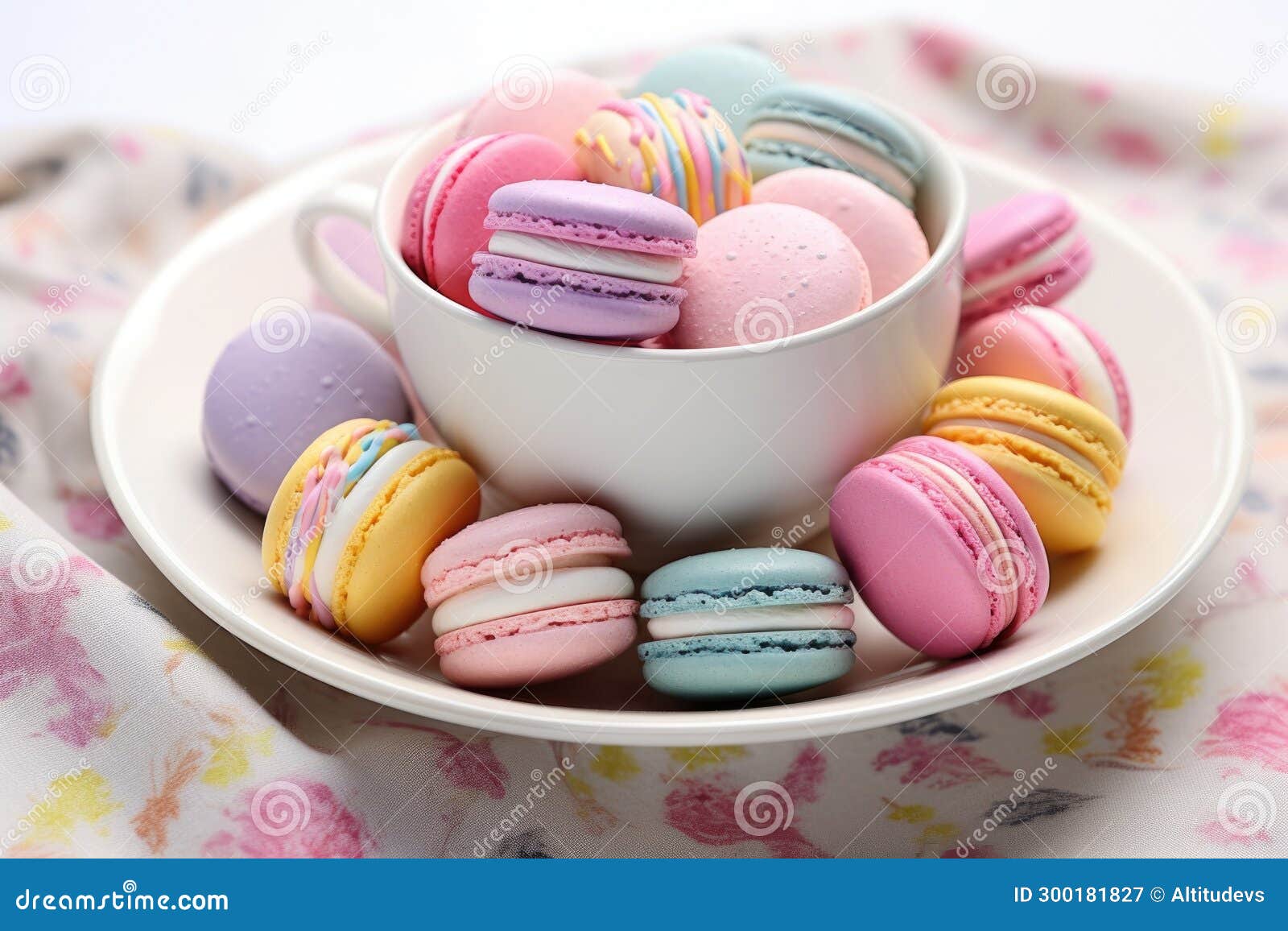 A Multicolored Assortment of Macarons on a White Ceramic Plate Stock ...