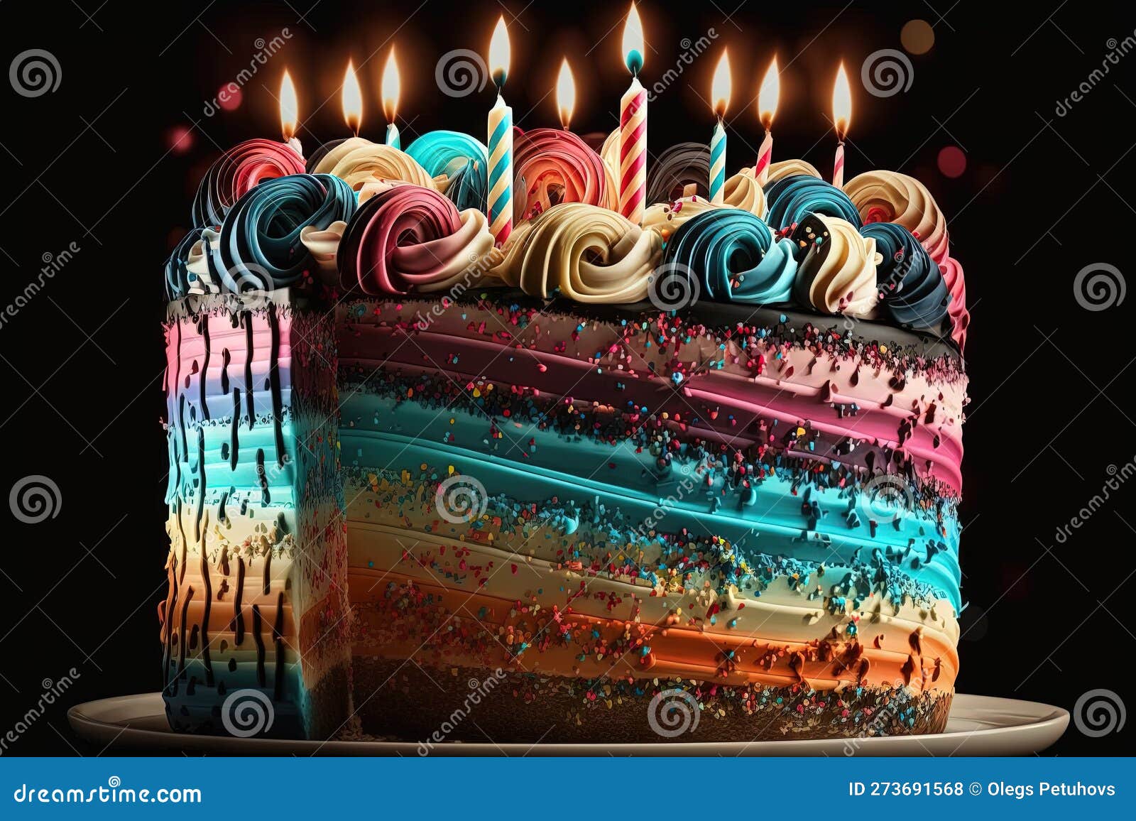 A Multicolored Birthday Cake With Lit Candles On A White Cake Plate