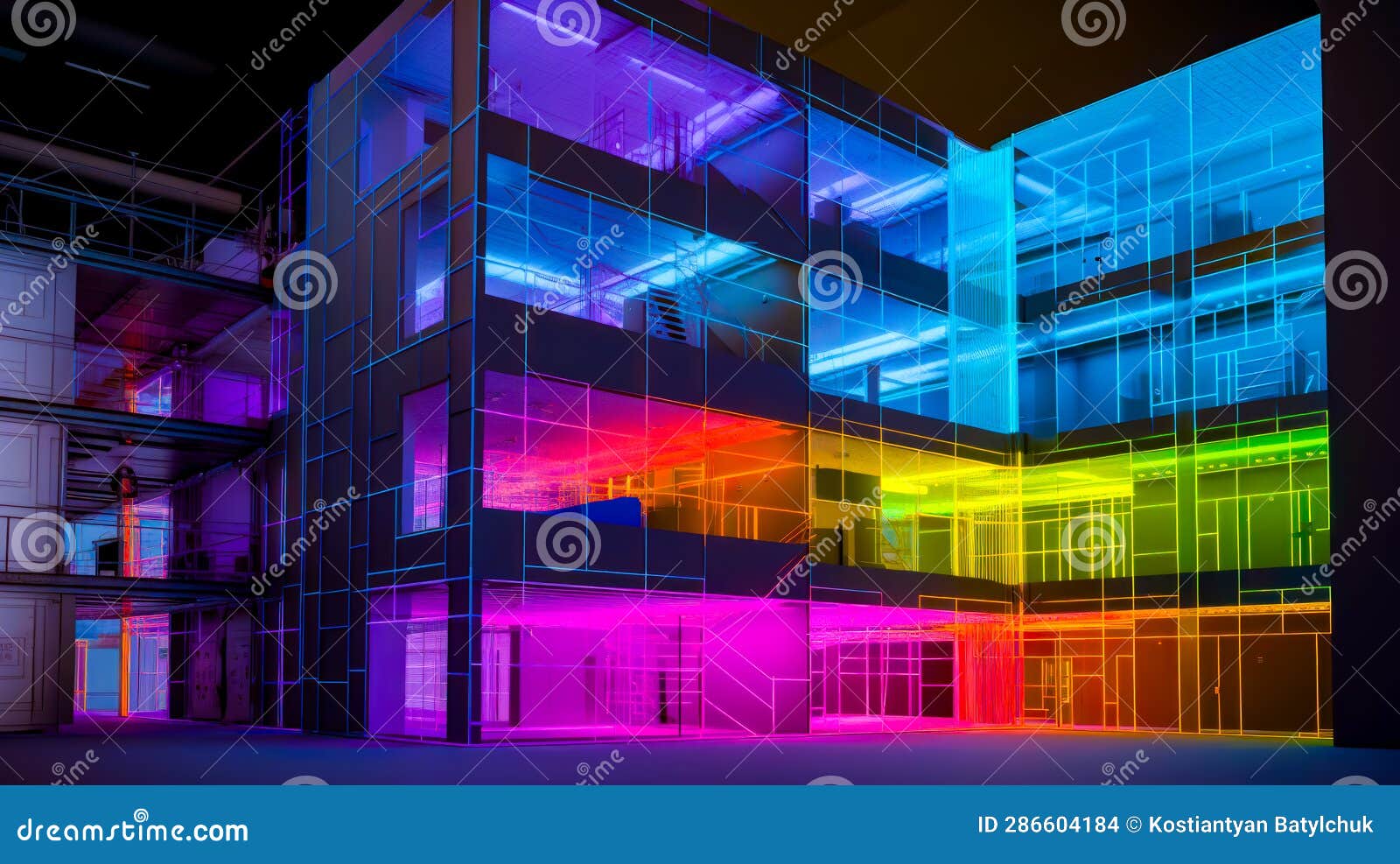 Multicolored Building with Multiple Levels of Light Coming Out of the ...