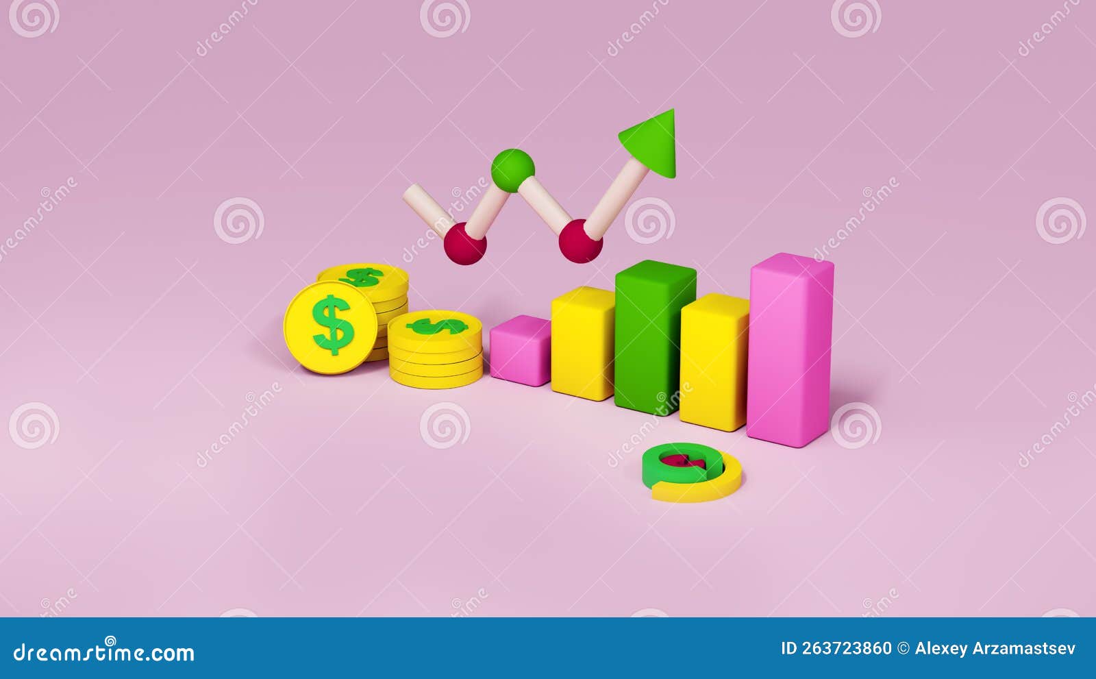 Multicolored Chart Columns, Financial Graph and Stylized Coins with ...
