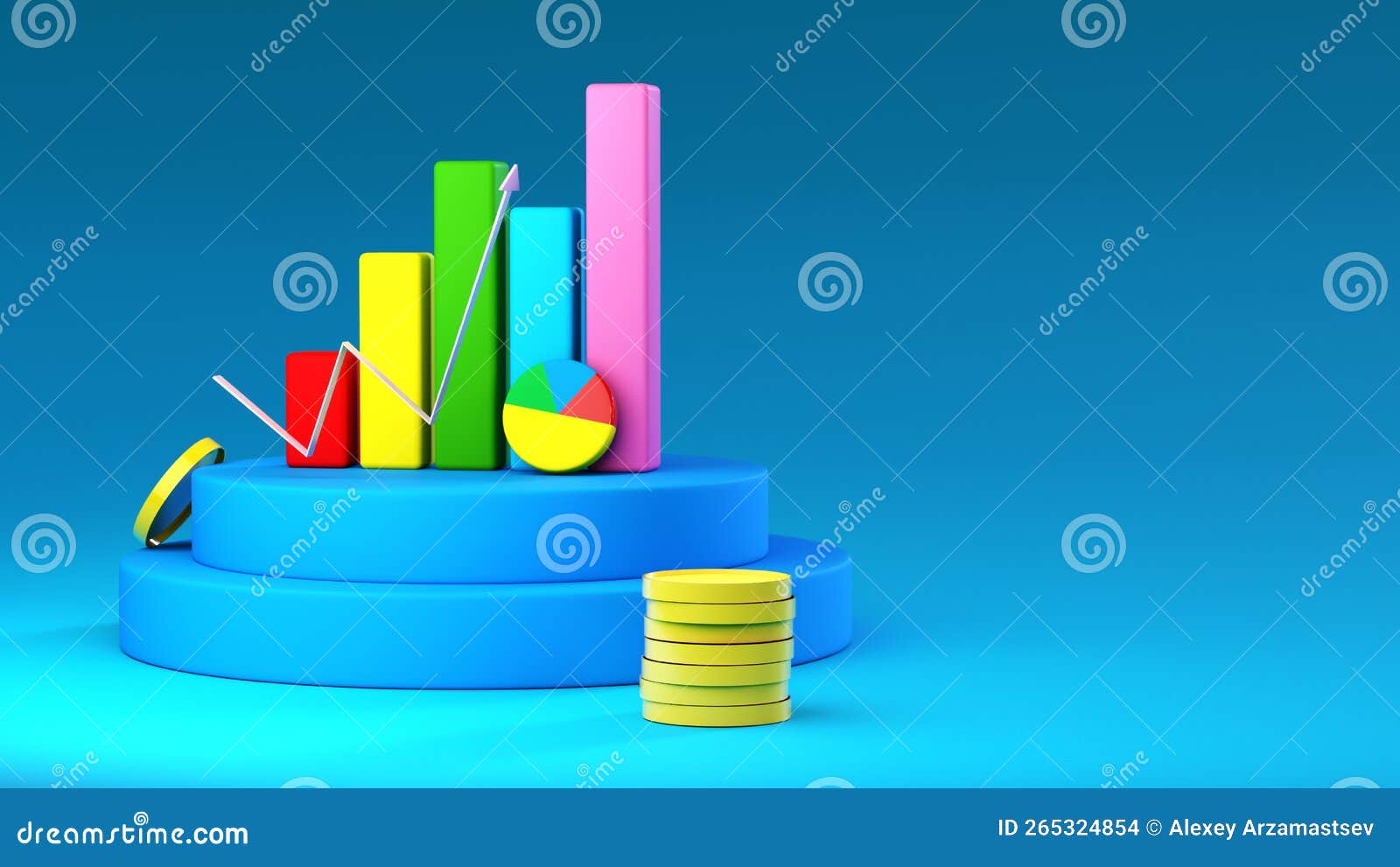 Multicolored Chart Columns on a Pedestal, Stylized Coins on a Blue ...