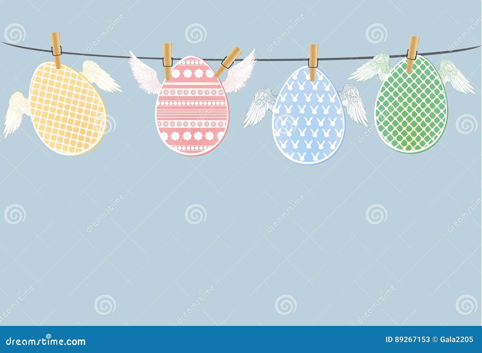 Multicolored Easter Eggs with Wings Hang on a Rope on Clothespins ...
