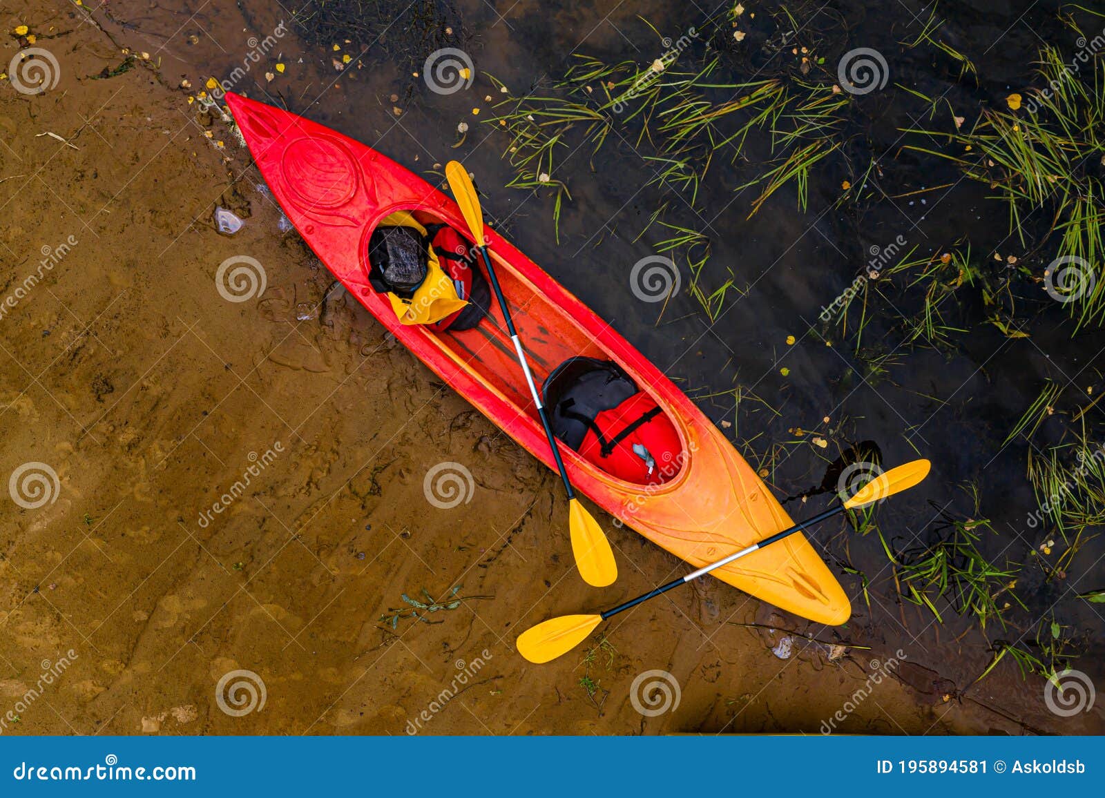 Multicolored Empty Kayaks on the River Bank, View from Above Stock ...