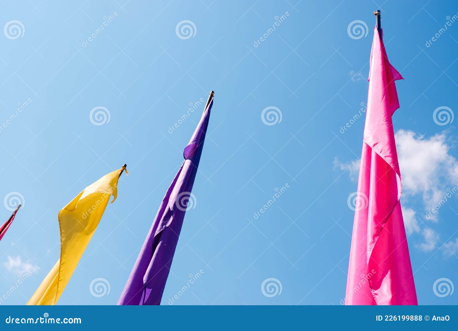 Multicolored Flags on Flagpoles Against the Backdrop of a Clear Sunny ...