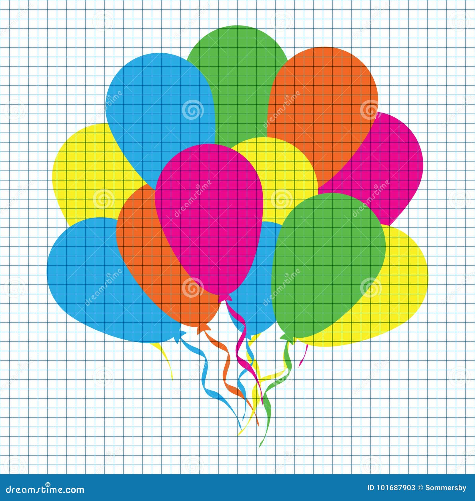 Multicolored Flat Balloons on a Blue Squared Grid Paper Stock Vector ...