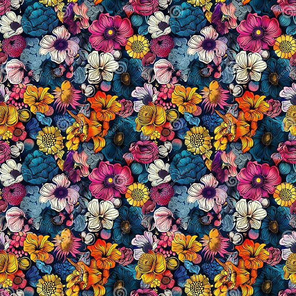 Multicolored Flower Pattern on Blue Background Seamless Stock ... Multicolored Flower Pattern on Blue Background Seamless Stock ...