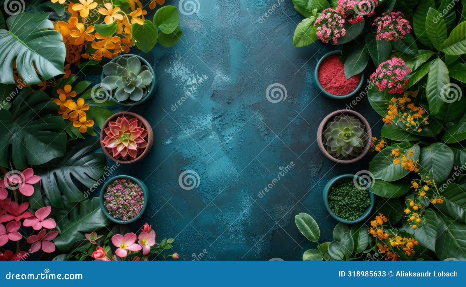 Multicolored Flowers on a Blue Background. Environmental Background ...