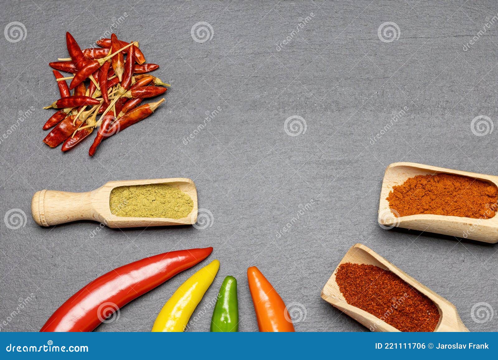 Multicolored Fresh Chilli Peppers and Dried and Ground Chilli on the ...