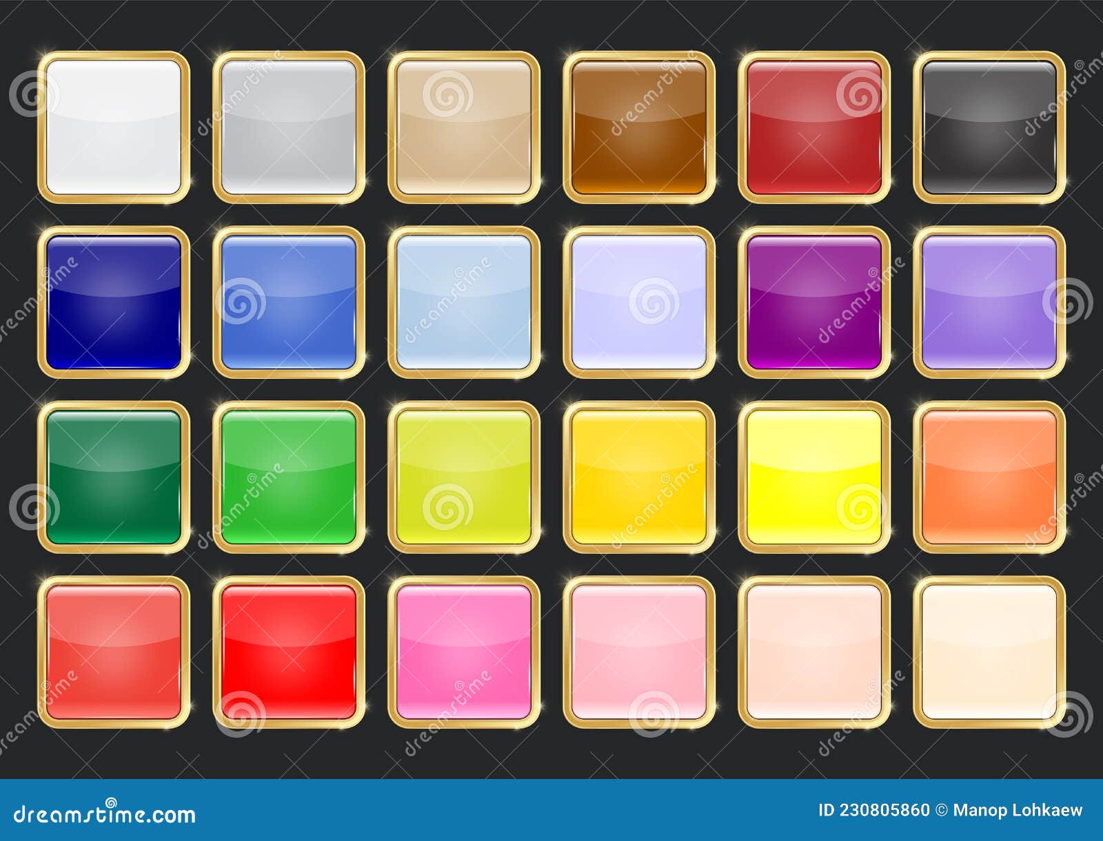 Multicolored Glossy Square Button with Gold Frame Vector Illustration ...