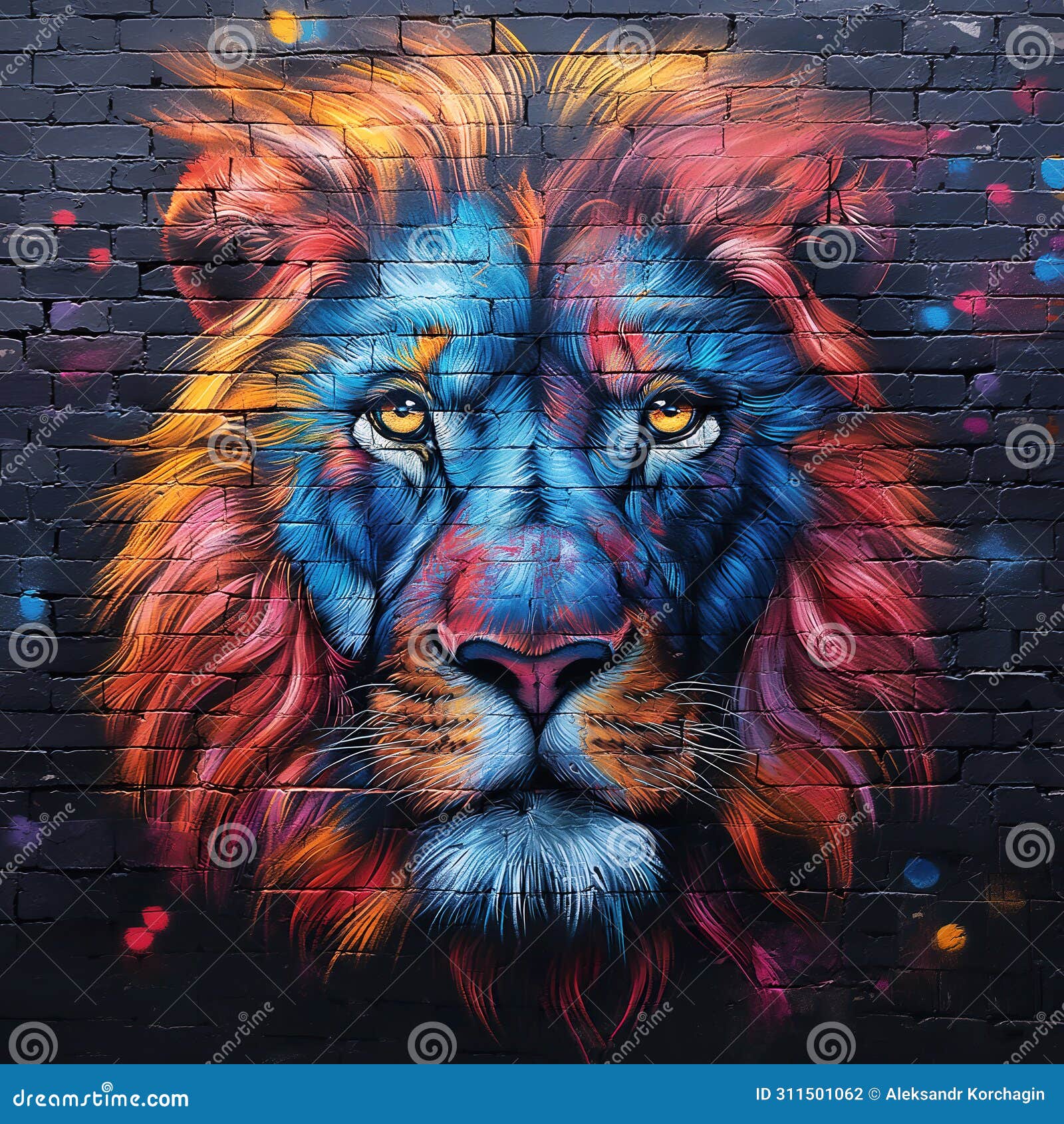 Multicolored Graffiti with Lion Face on Black Wall Stock Photo - Image ...