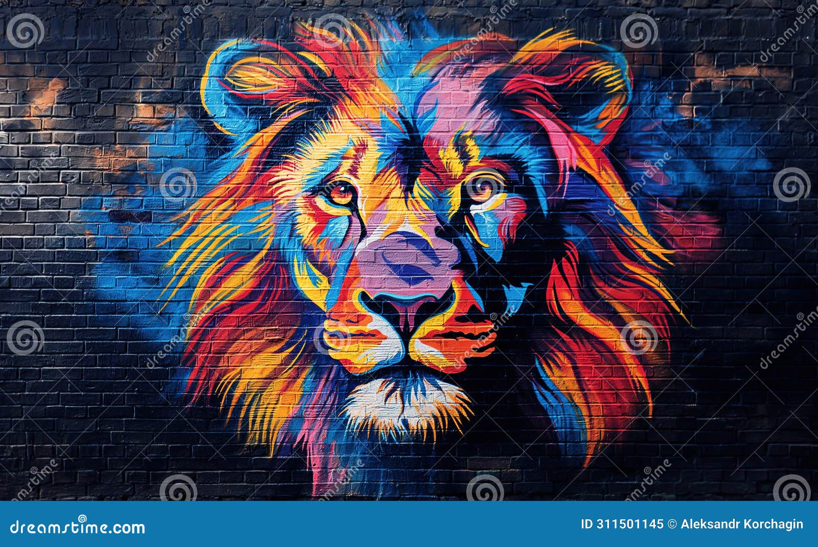 Multicolored Graffiti with a Lion S Face on Black Wall Stock Image ...