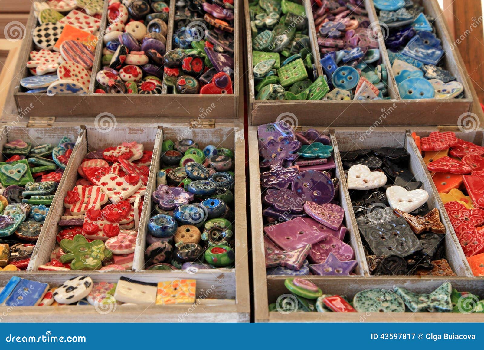 Multicolored Handmade Buttons in Wooden Boxes on Counter Stock Image ...