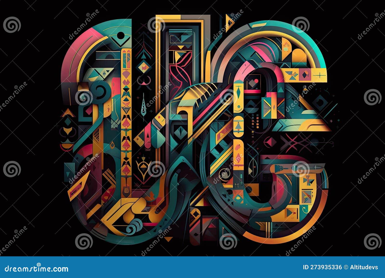 Multicolored Lettering on Black Background, with Geometric Shapes and ...