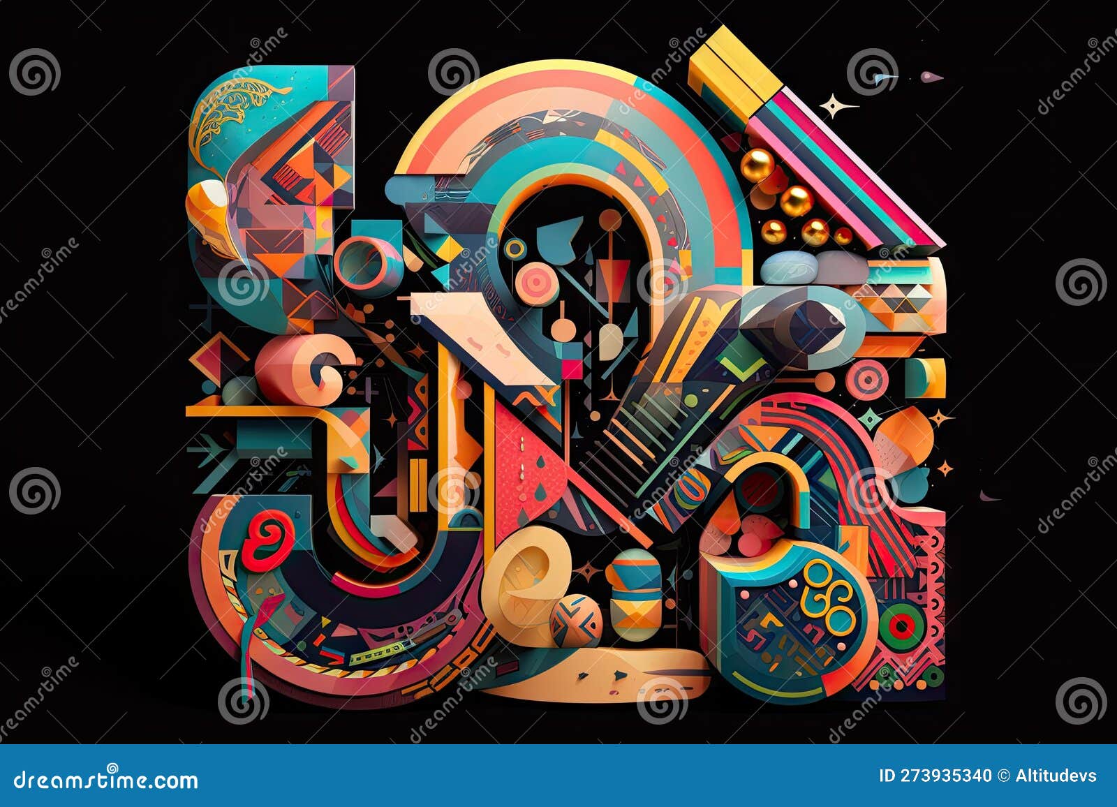 Multicolored Lettering on Black Background, with Geometric Shapes and ...