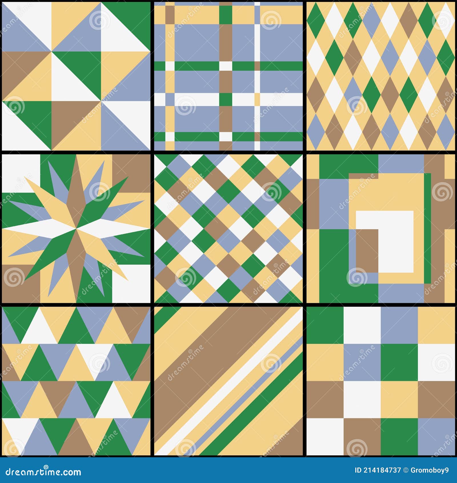 Multicolored Patchwork with Nine Different Square Patterns. Vector ...