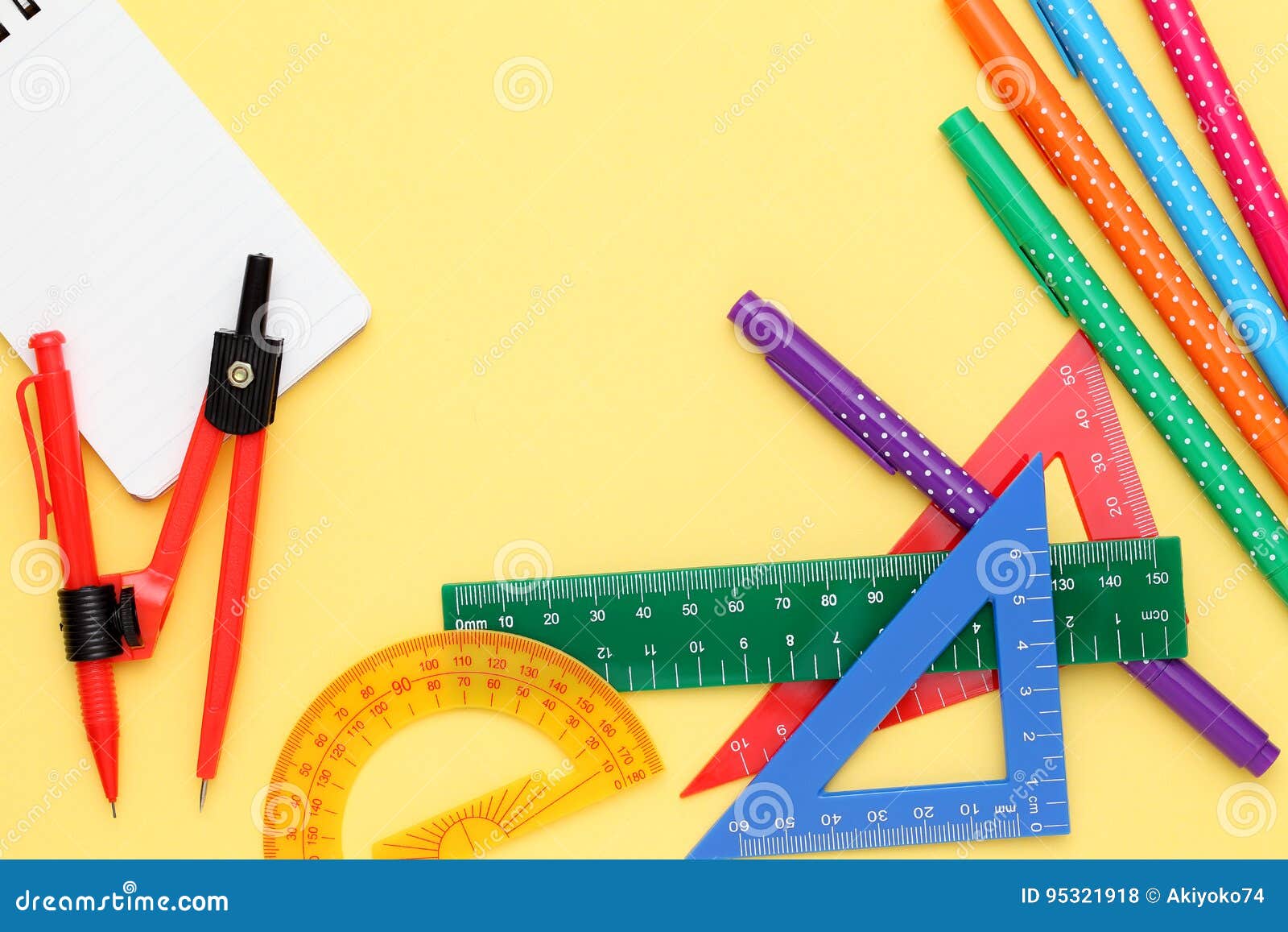 Multicolored Pen, Rulers and Notebook Stock Photo - Image of graphic ...