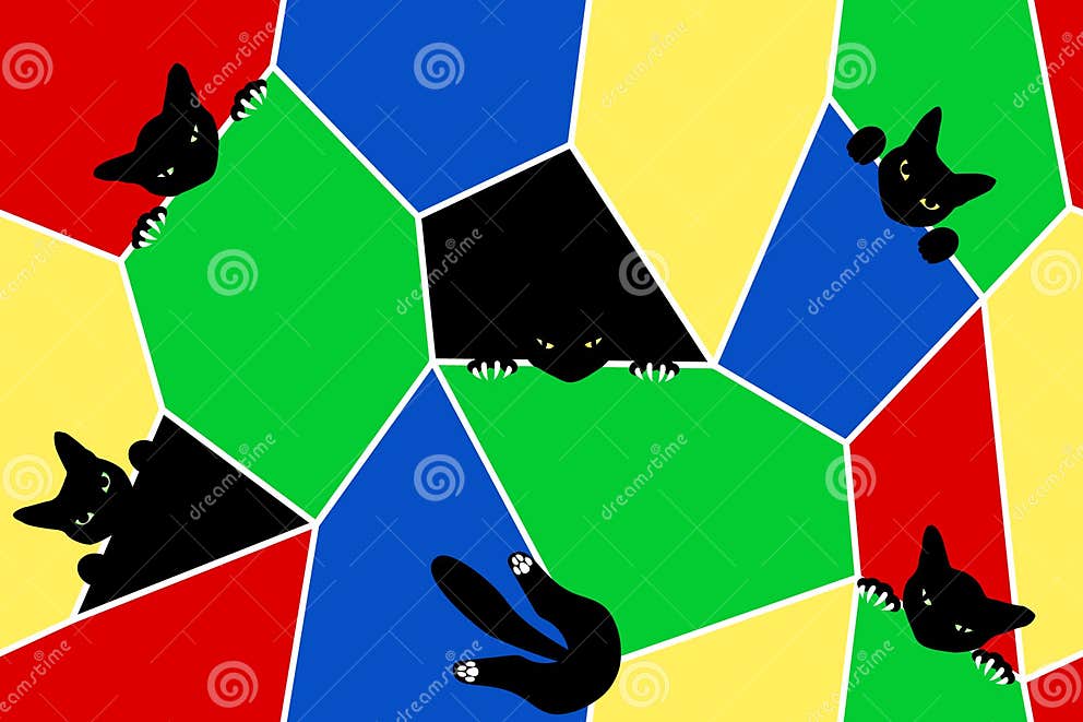 Multicolored Polygons and Black Cats Sticking Out of Them, Seamless ...