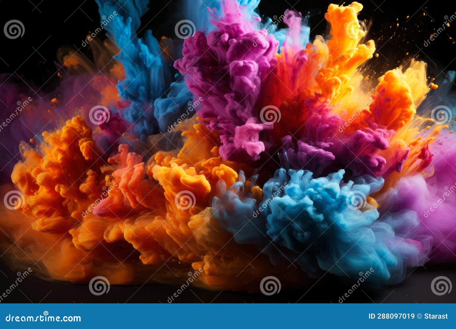 Multicolored Powder, Smoke and Ink Explode on a Black Background ...