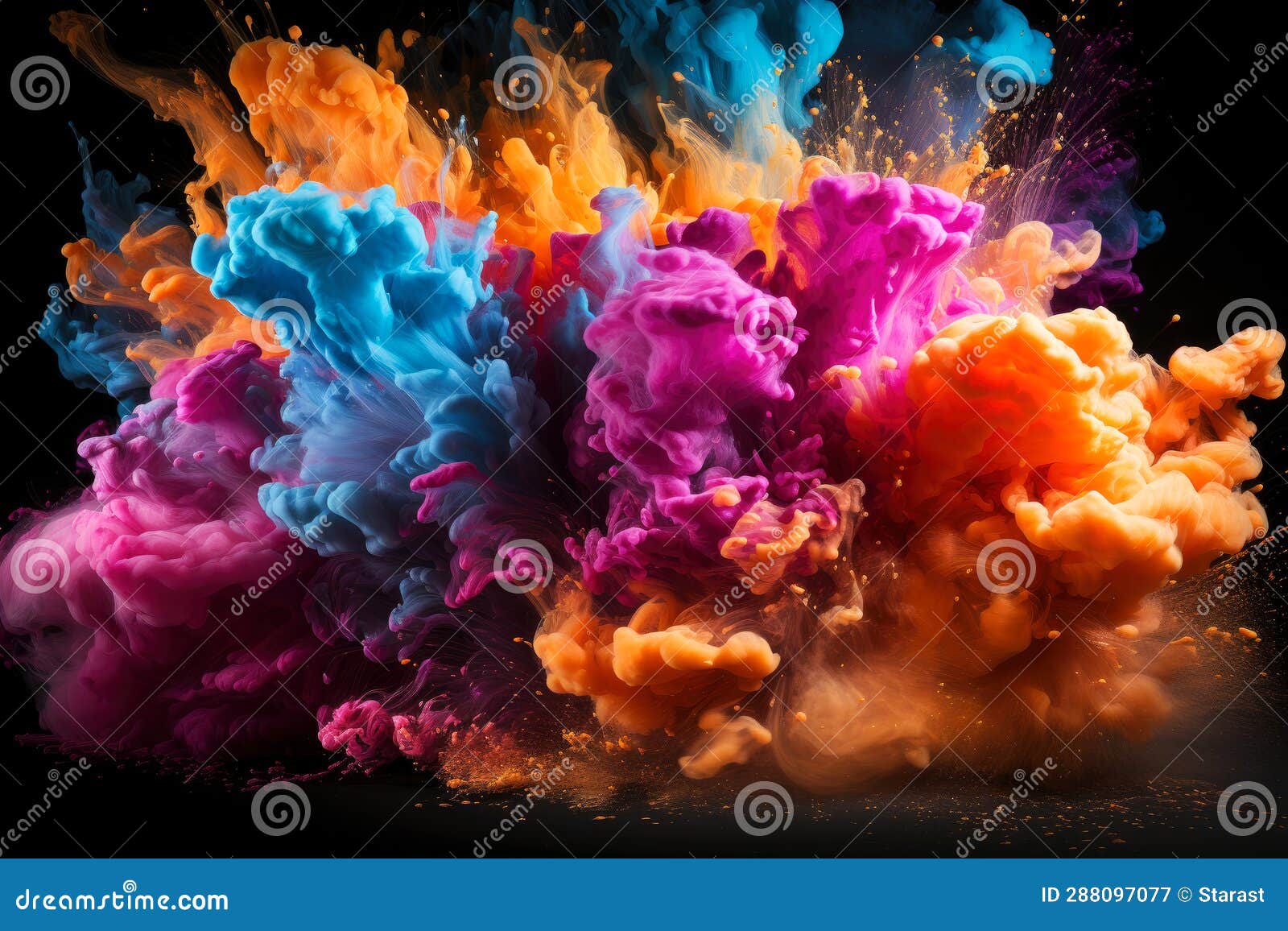 Multicolored Powder, Smoke and Ink Explode on a Black Background ...