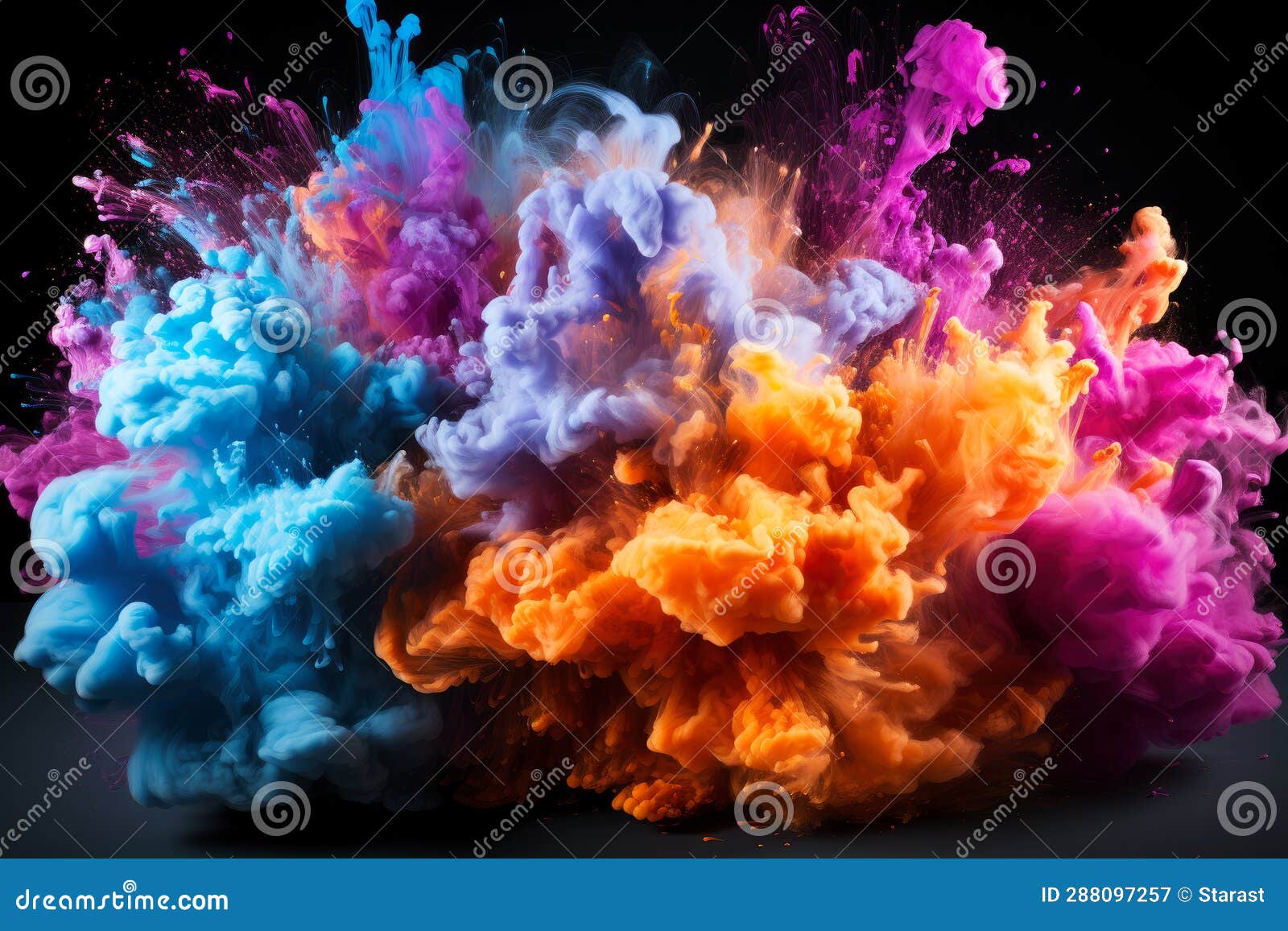 Multicolored Powder, Smoke and Ink Explode on a Black Background ...