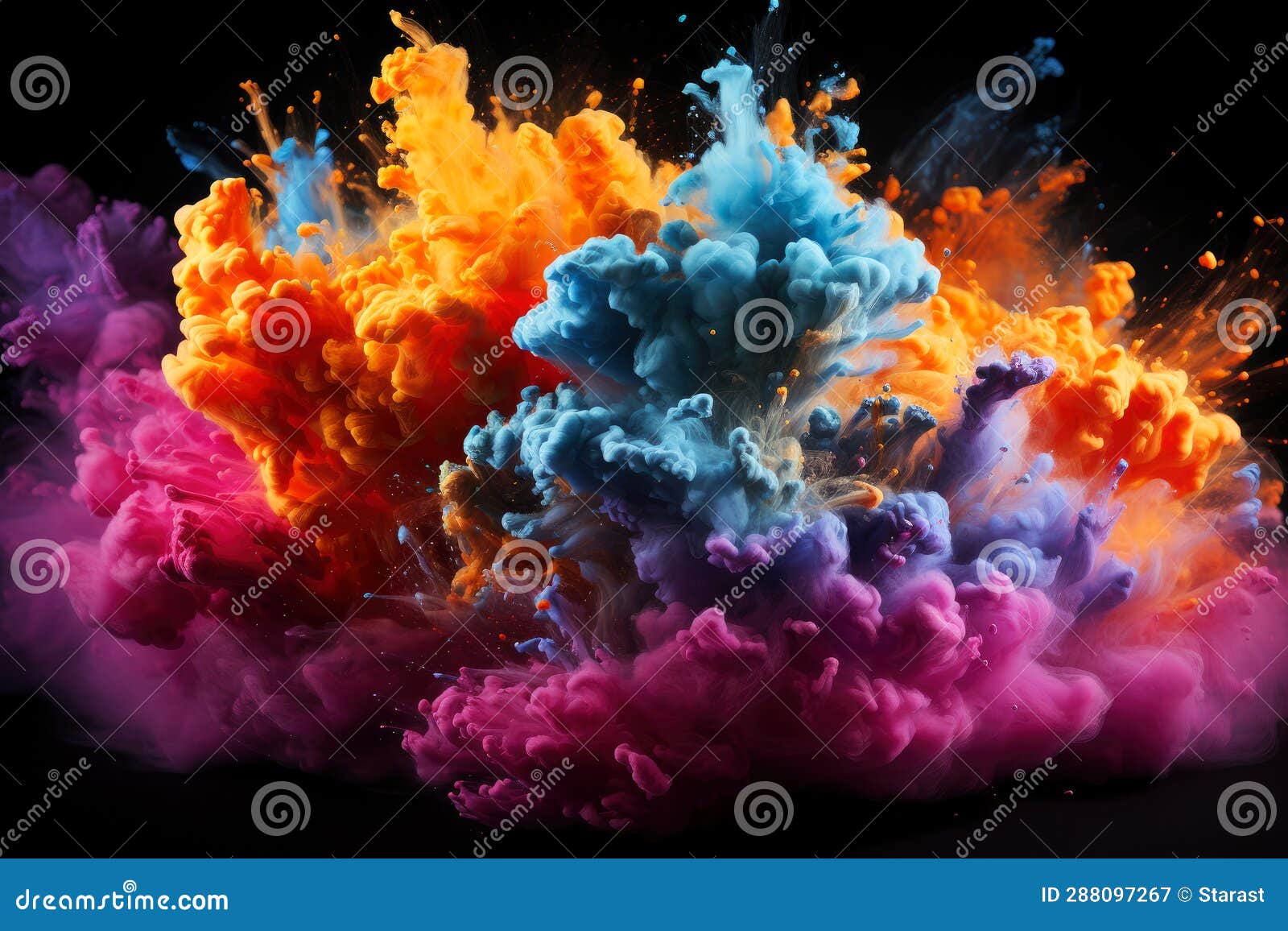 Multicolored Powder, Smoke and Ink Explode on a Black Background ...