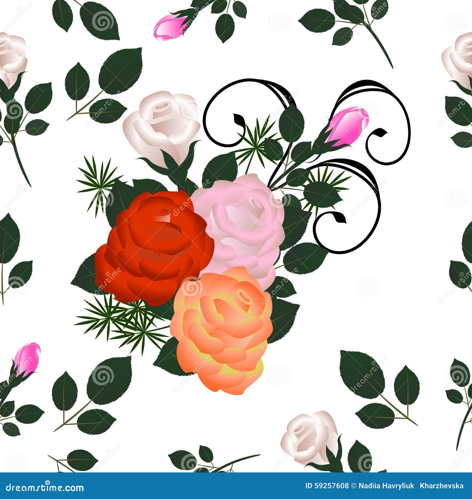 Multicolored Roses Seamless Pattern. Stock Vector - Illustration of ...