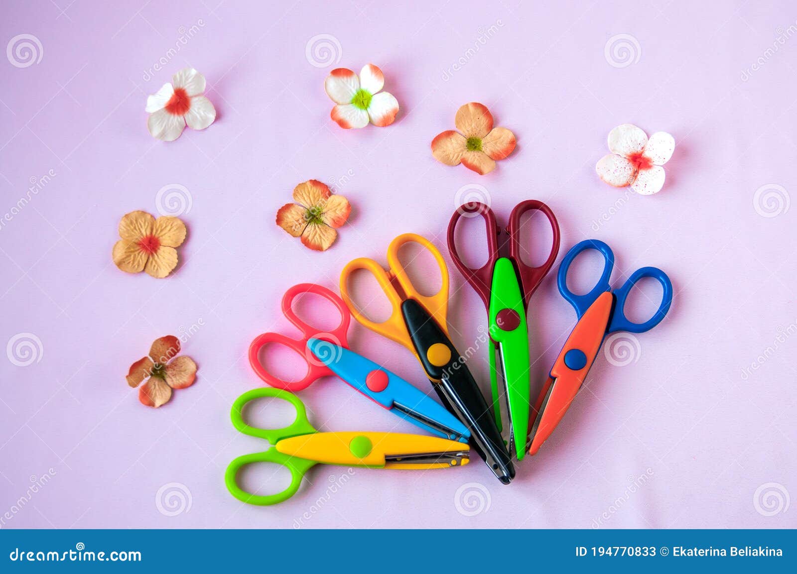 Multicolored Scissors and Flowers on a Pink Background Stock Image ...
