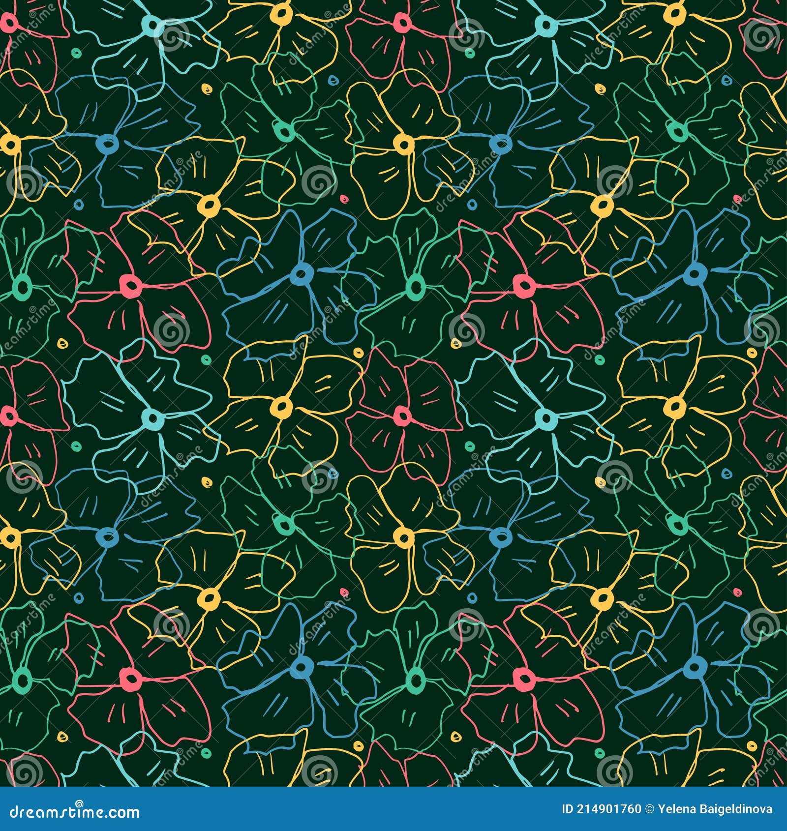 Multicolored Seamless Flowers on a Dark Green Background Stock Vector ...