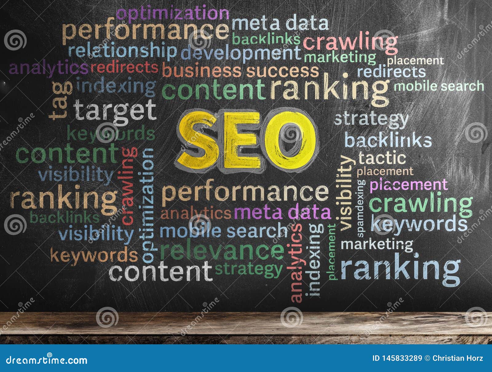 Multicolored SEO Search Engine Optimization Word Cloud on Chalkboard ...