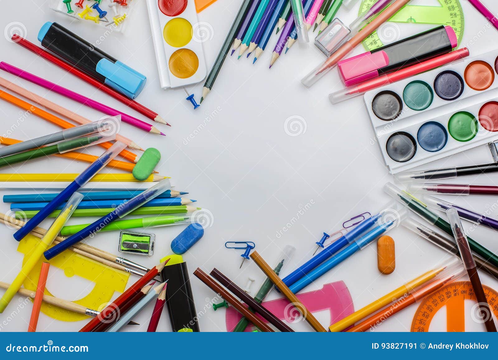 Multicolored Stationery on a White Table in a Light Mess. Copy Space ...