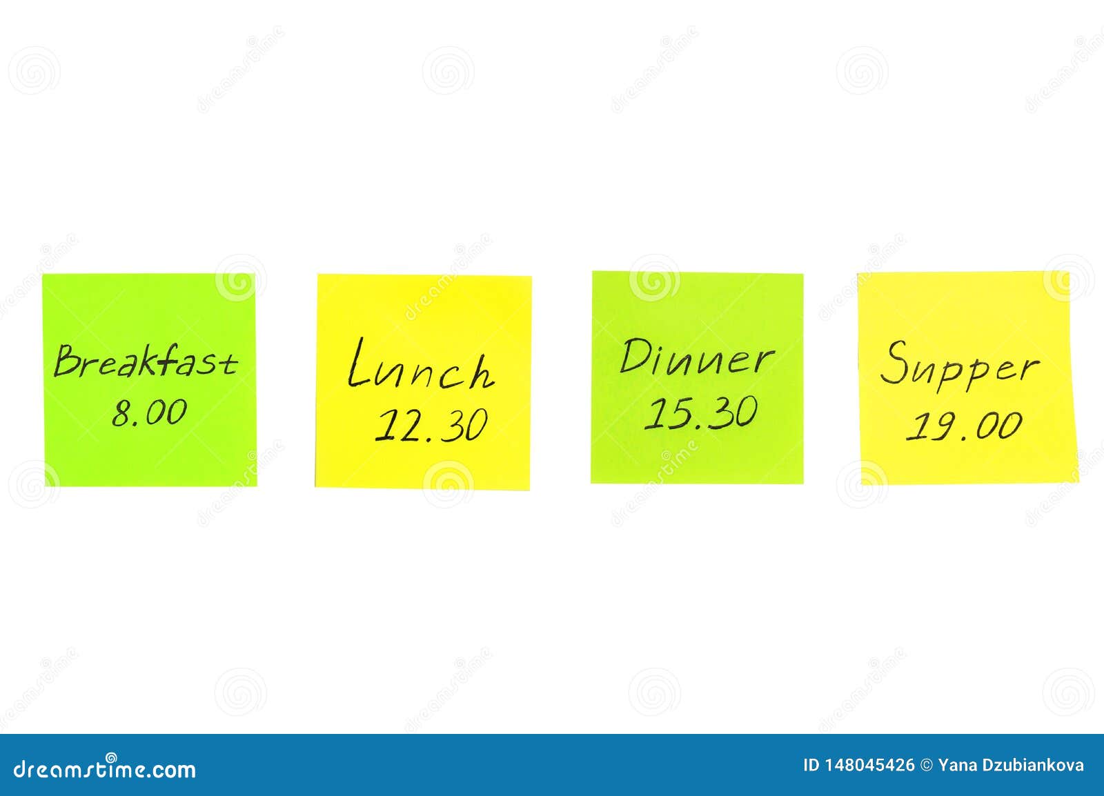Multicolored Stickers with Notes. Breakfast, Lunch, Dinner Stock Photo ...