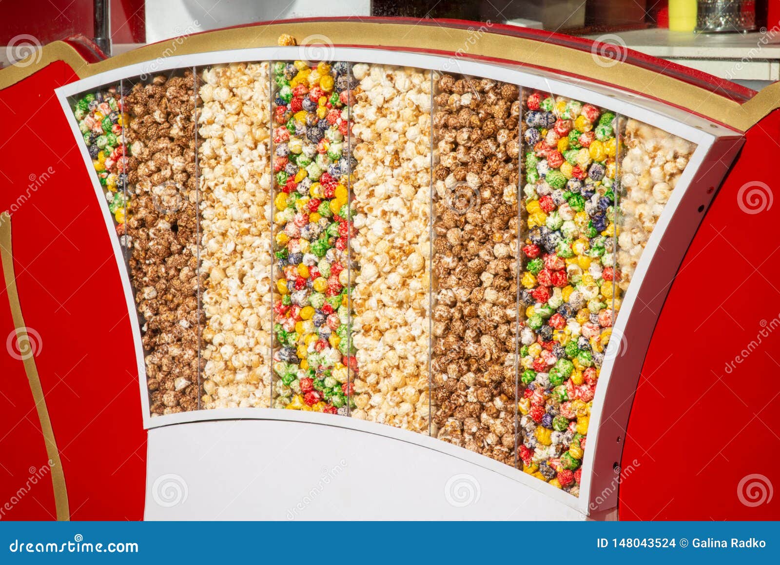 Multicolored Sweet Popcorn is in a Rack Under the Sun. Background ...