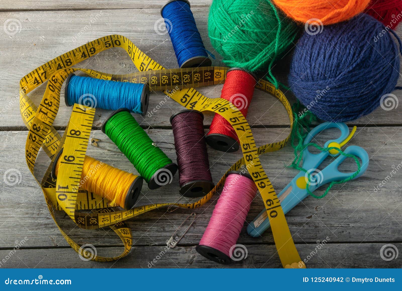 Multicolored Threads, Scissors and Ruler. Stock Photo - Image of ...