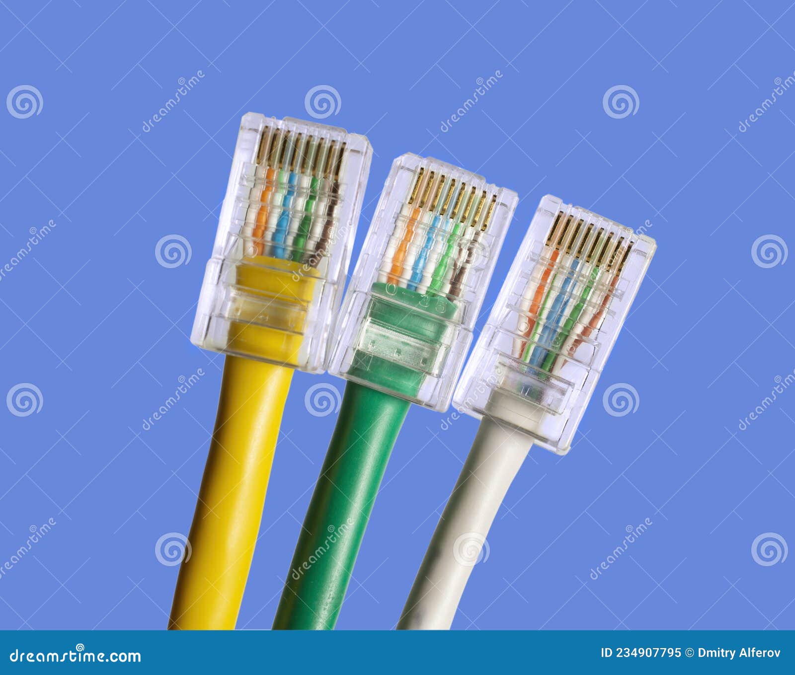 Multicolored Twisted Pair Cables with RJ45 on a Blue Background Stock ...