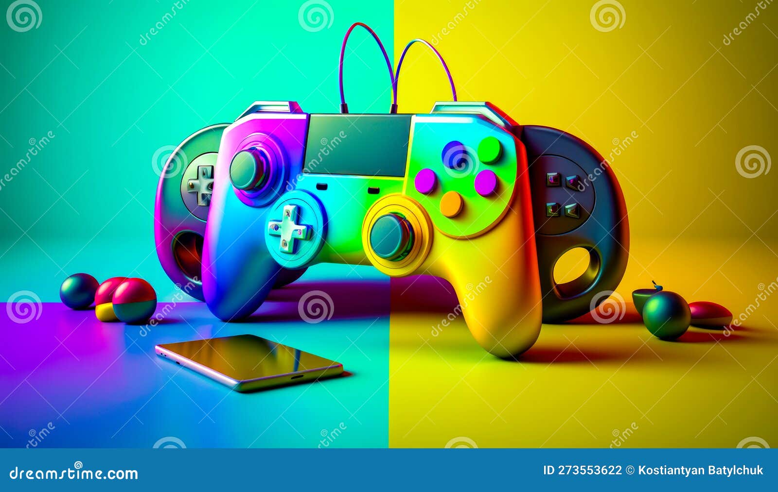 Multicolored Video Game Controller Next To Cell Phone. Generative AI ...