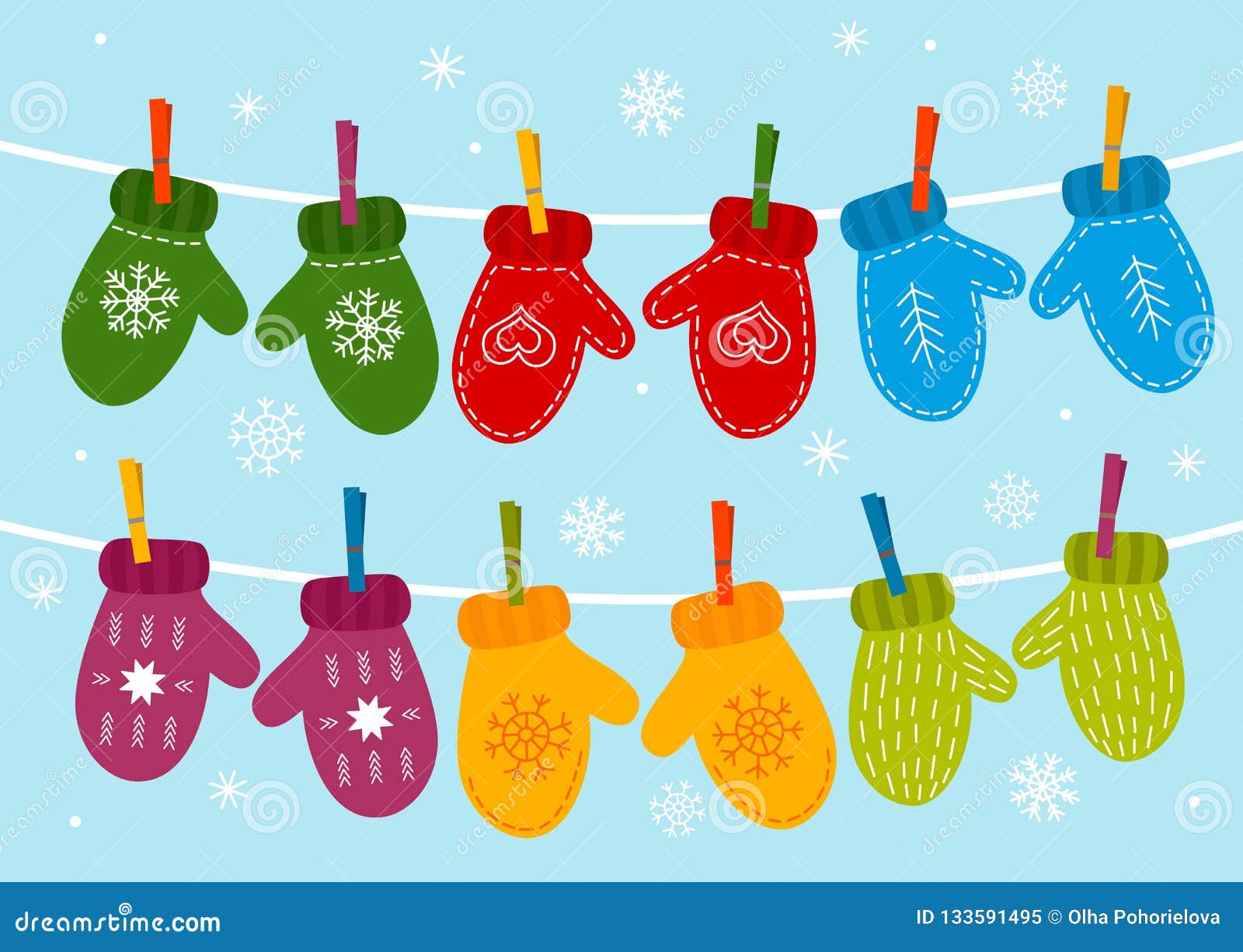 Multicolored Warm Mittens Hang on a Rope, Snow Falls Stock Illustration ...
