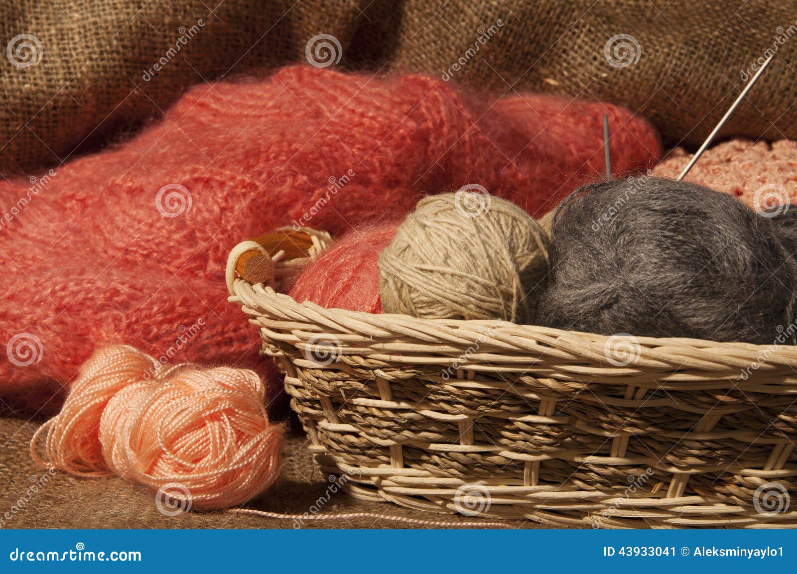 Multicolored Yarn Balls in a Straw Basket on the Sacking Stock Image ...