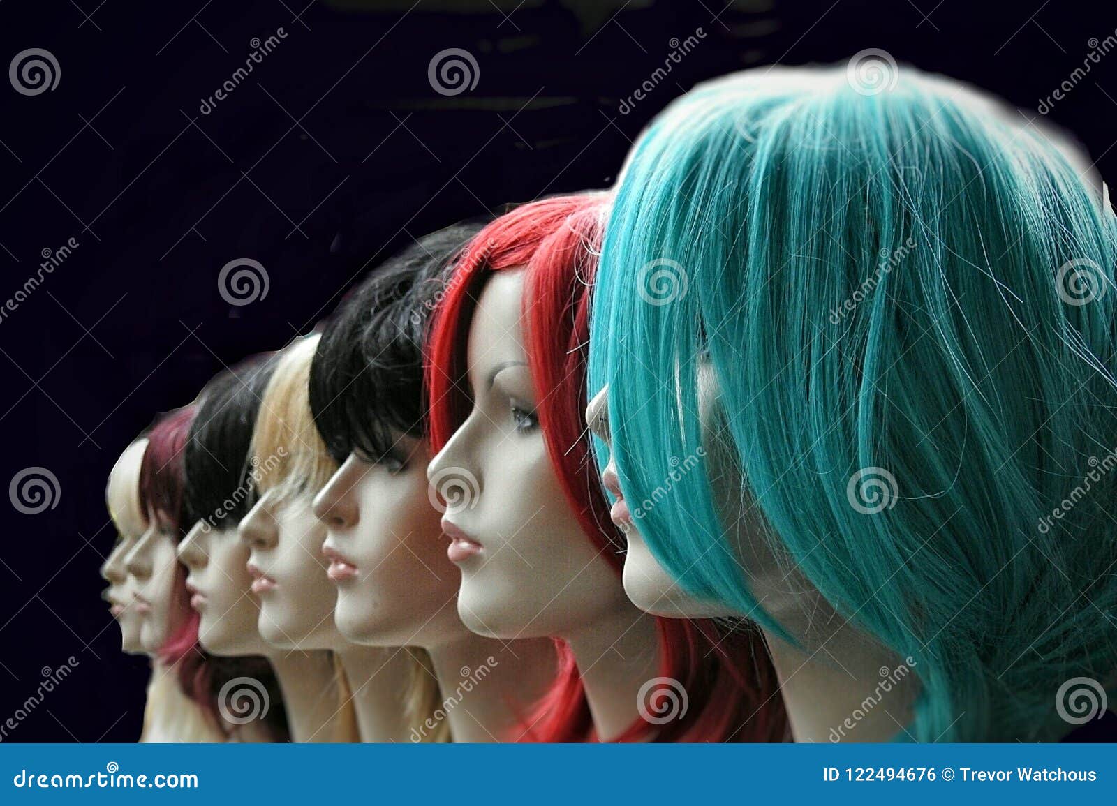 Multicoloured Wigs on Display Stock Photo - Image of mannequins, noses ...